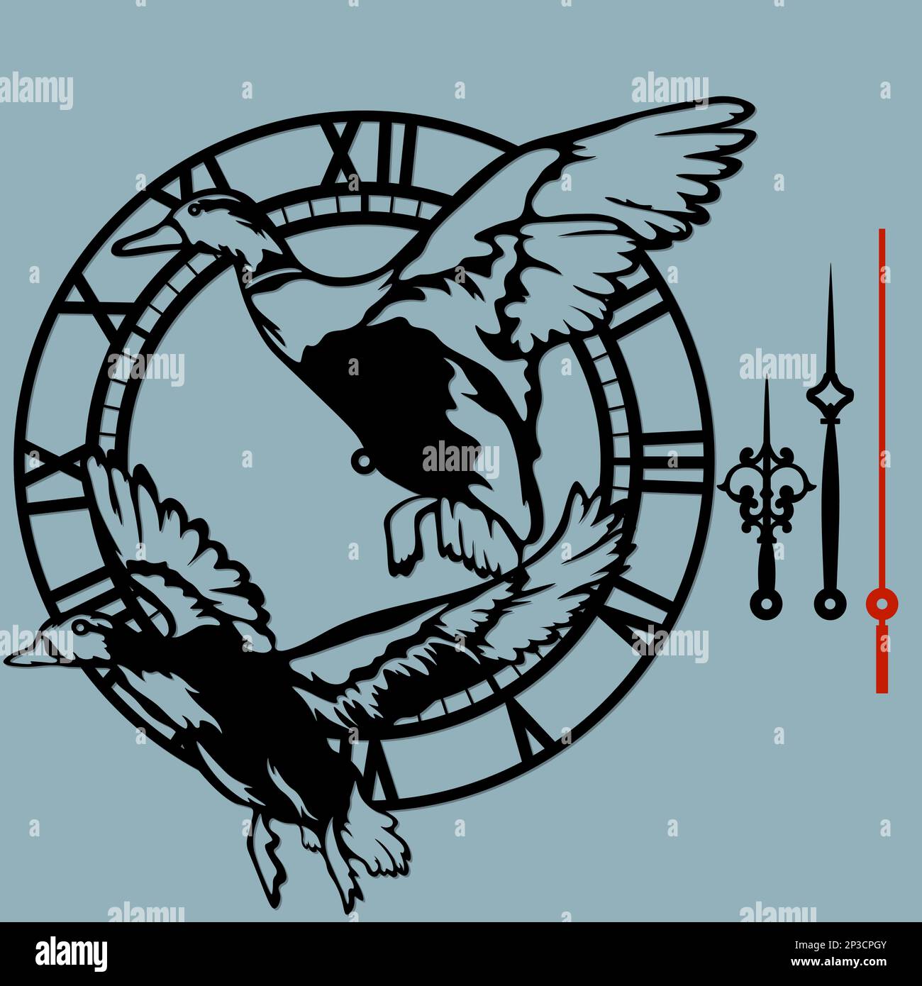 Beautiful clock with birds carved by laser. Stork in flight. Vector ...
