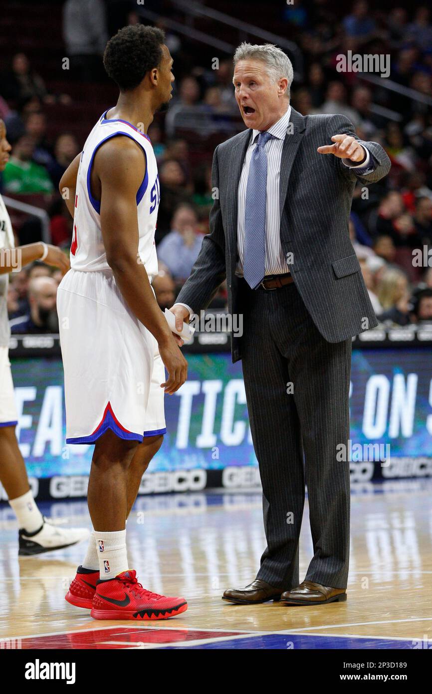 March 6, 2015: Philadelphia 76ers head coach Brett Brown reacts to ...