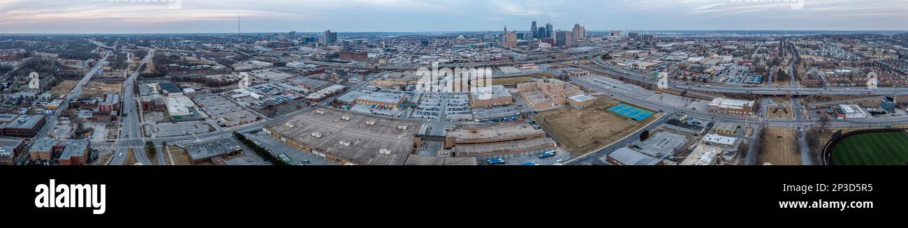 Drone panorama of Kansas City skyline in winter during sunrise Stock ...