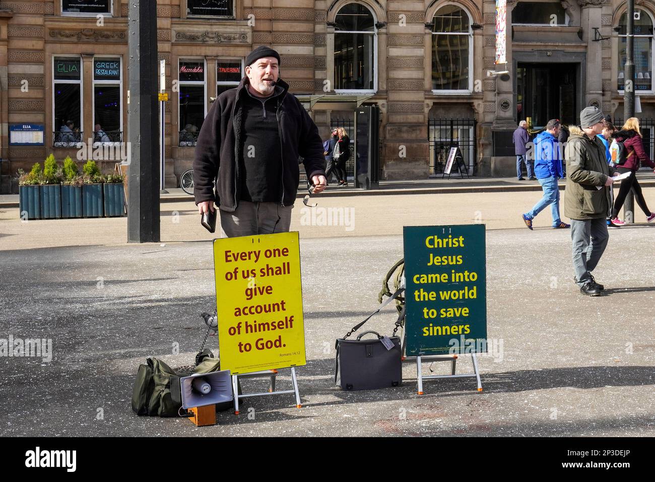 Street preacher, preaching Christianity, in George Square, Glasgow ...