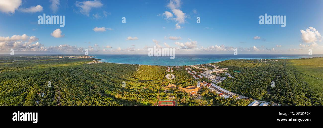 Drone panorama of a hotel complex on the Gulf Coast of Mexico's Yucatan ...