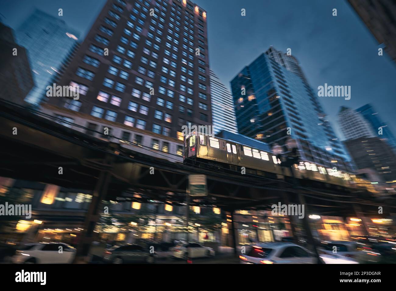 Elevated railway in Chicago. Train of public transportation in blurred ...