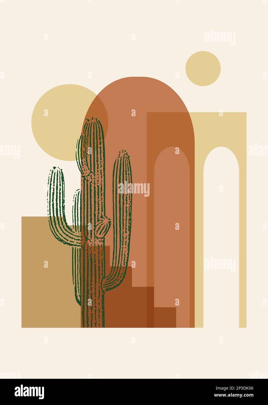 Architecture elements and cactus poster illustration. Modern aesthetic art, desert vibes Stock ...