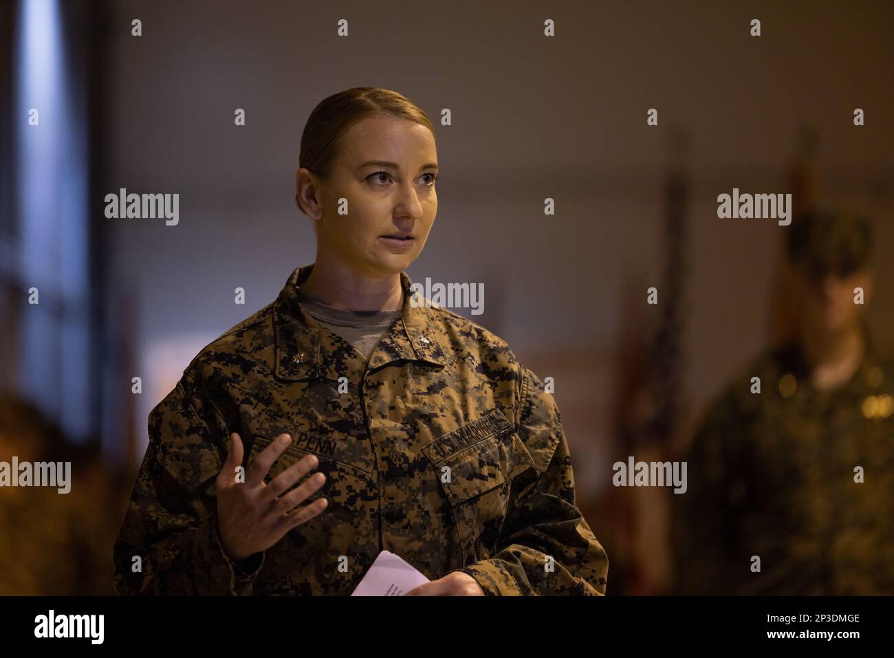 U.S. Marine Corps Lt. Col. Nicole Penn gives a speech to the Marines ...