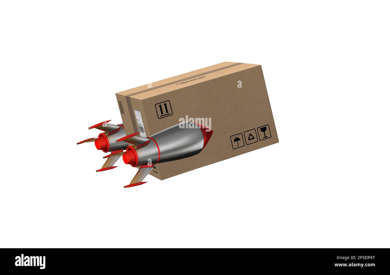 Carton box flies fast with rocket. concept priority delivery. 3d render ...