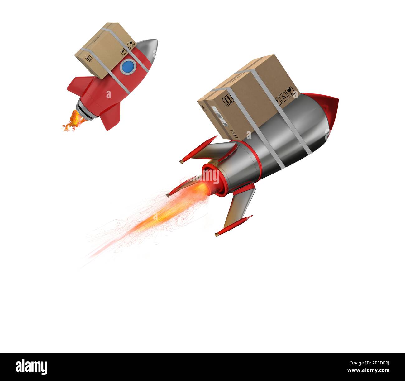 Carton box flies fast with rocket. concept of express and priority ...