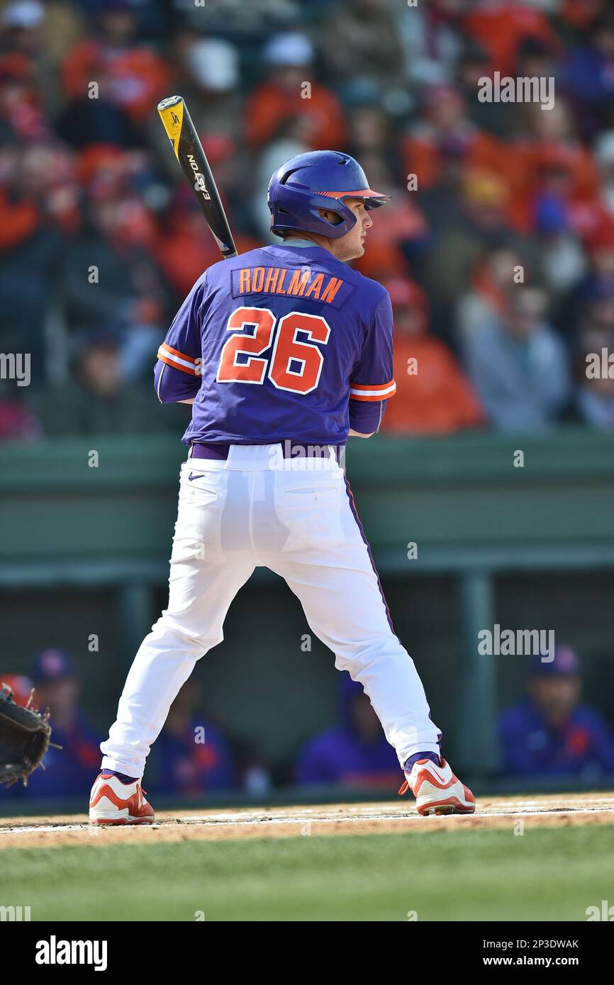 Clemson Tigers left fielder Reed Rohlman (26) awaits a pitch during a ...