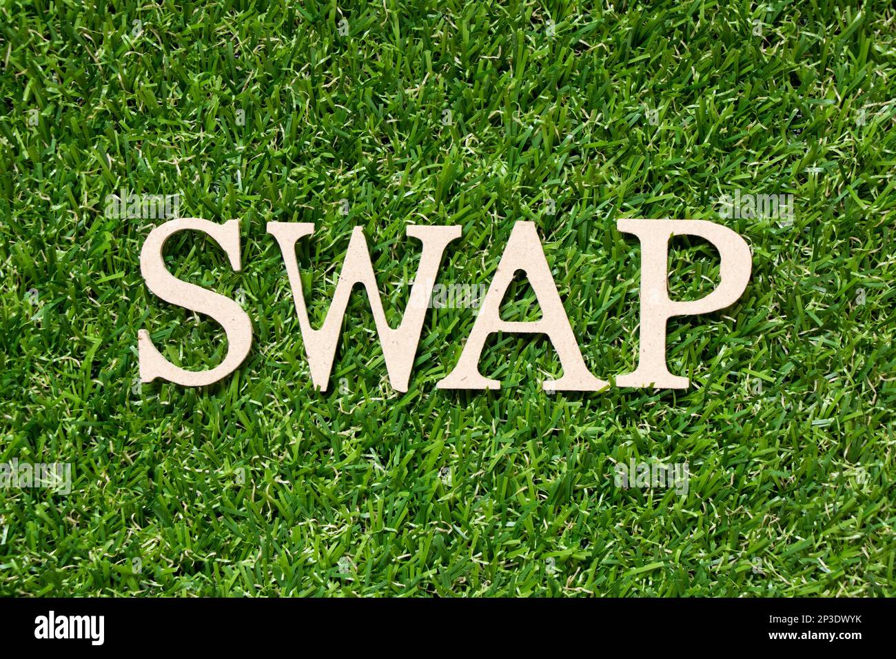 Wood alphabet letter in word swap on artificial green grass background ...