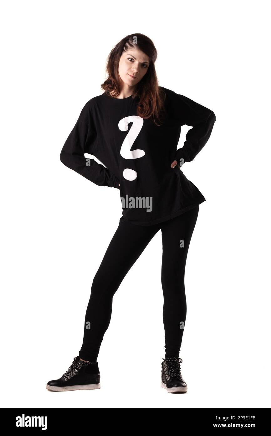 Full body portrait of a girl wearing black outfit with white question ...