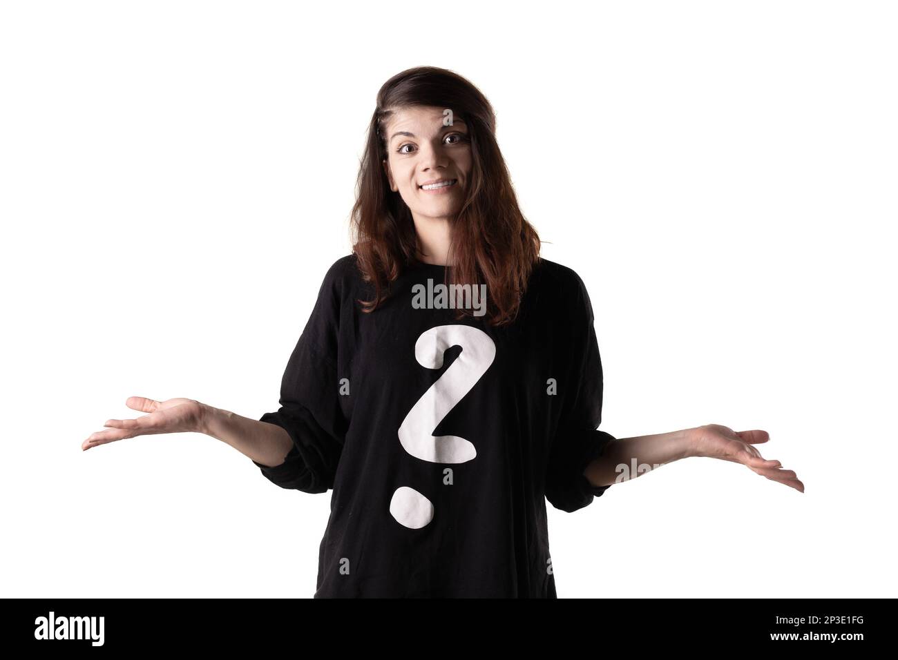 Portrait of a girl wearing black outfit with white question mark making ...