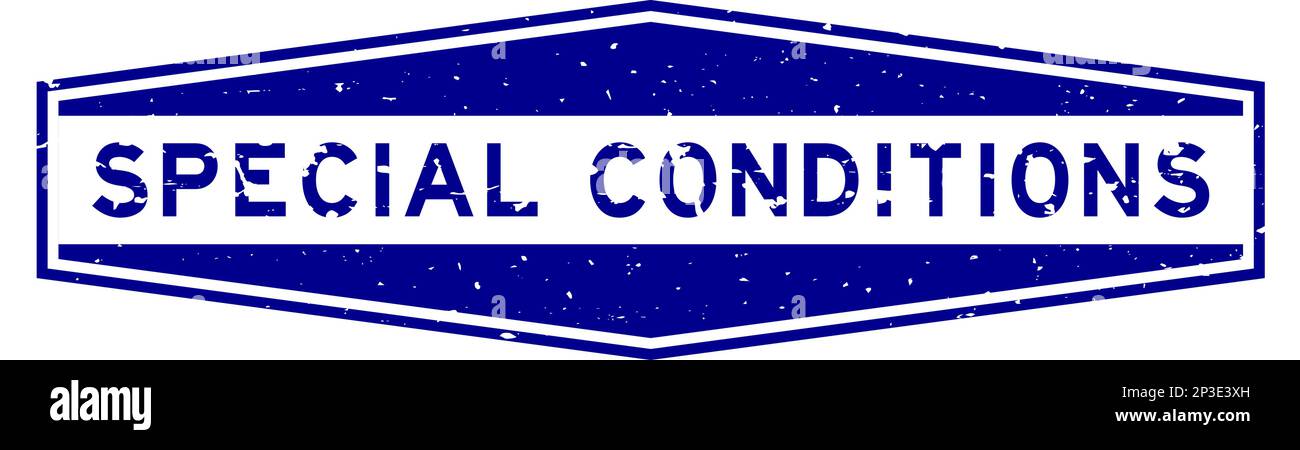 Grunge blue special conditions word hexagon rubber seal stamp on white ...