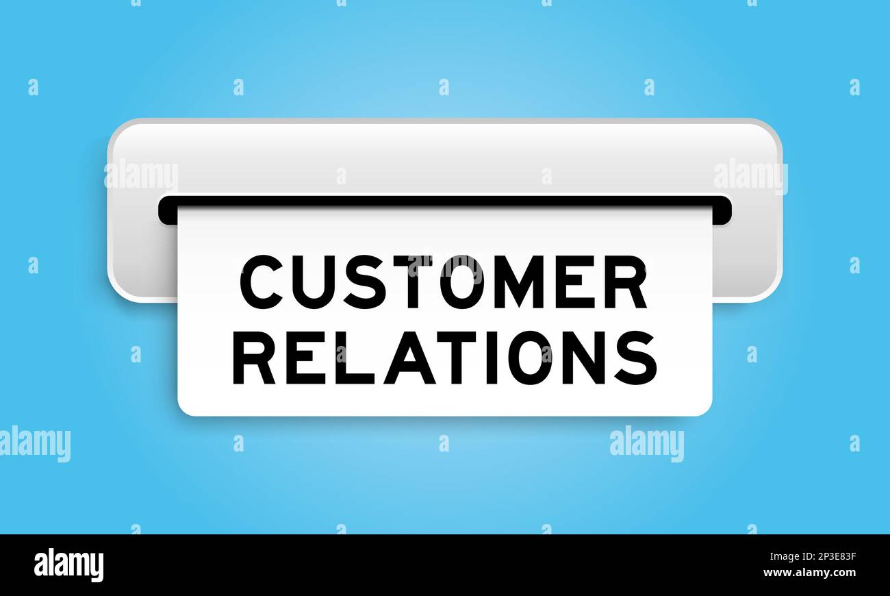White coupon banner with word customer relations from machine on blue ...