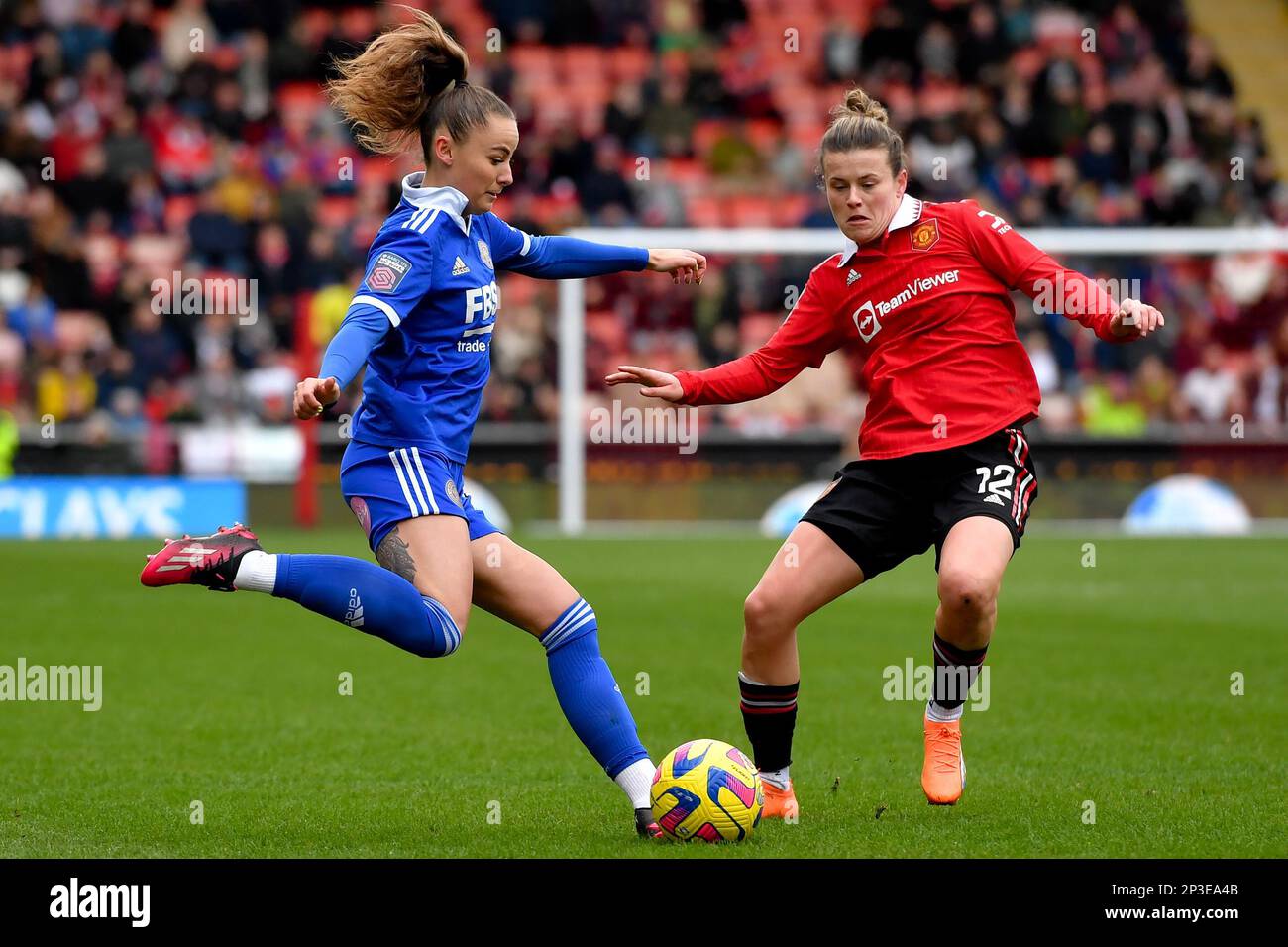 Leigh, UK. 5th Mar, 2023. Hannah Cain of Leicester City and Hayley Ladd ...