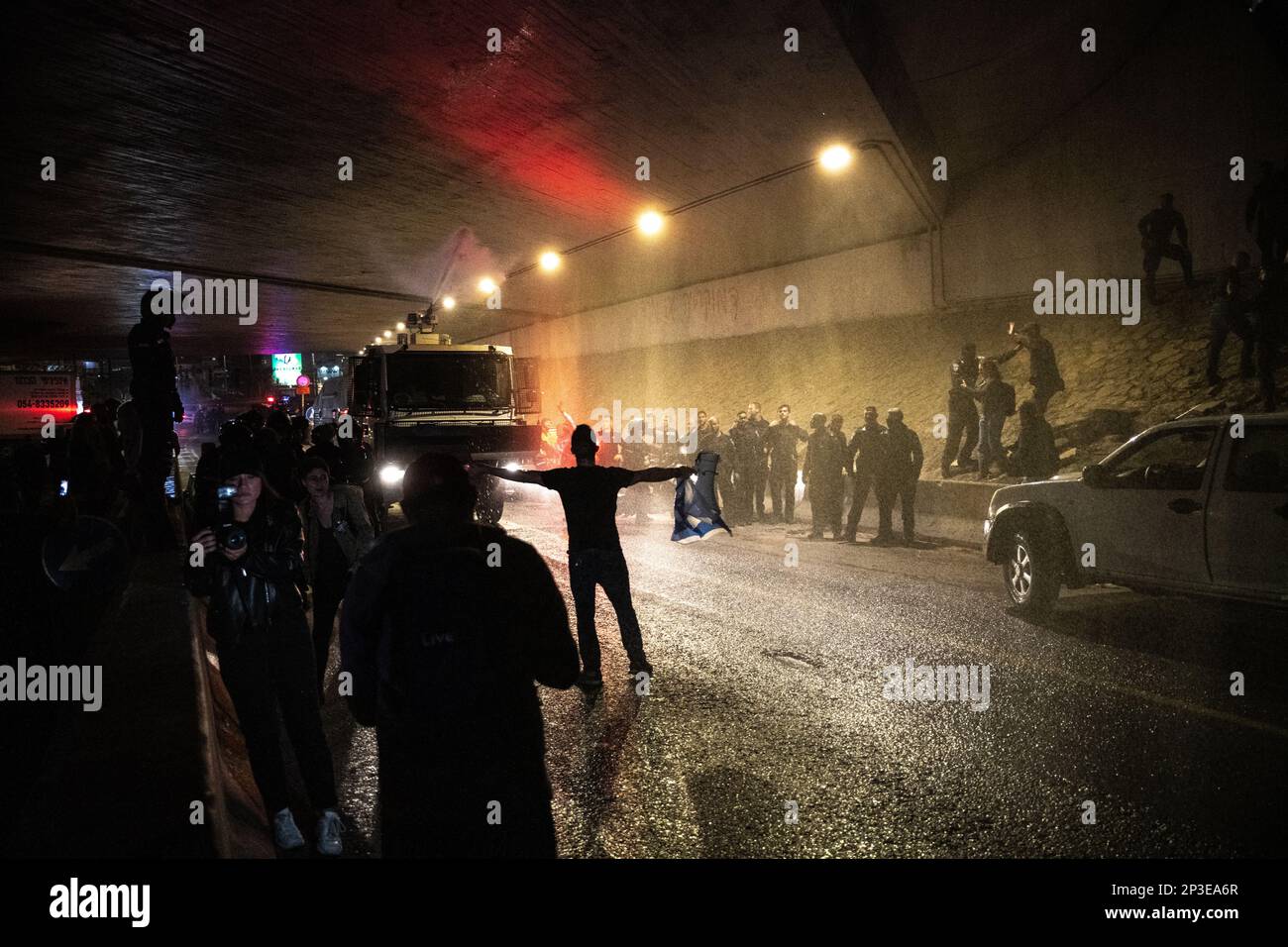 Israel 04th Mar 2023 Protestors And Police Stand Under A Bridge As A