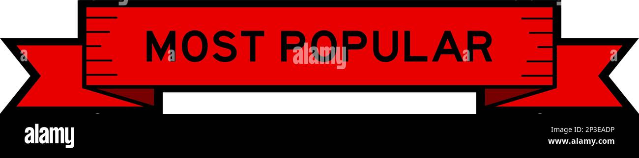 Red color ribbon label banner with word most popular on white ...