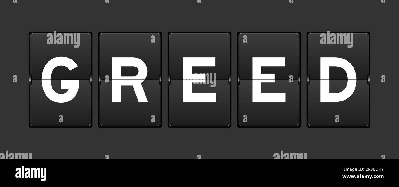 Black color analog flip board with word greed on gray background Stock ...