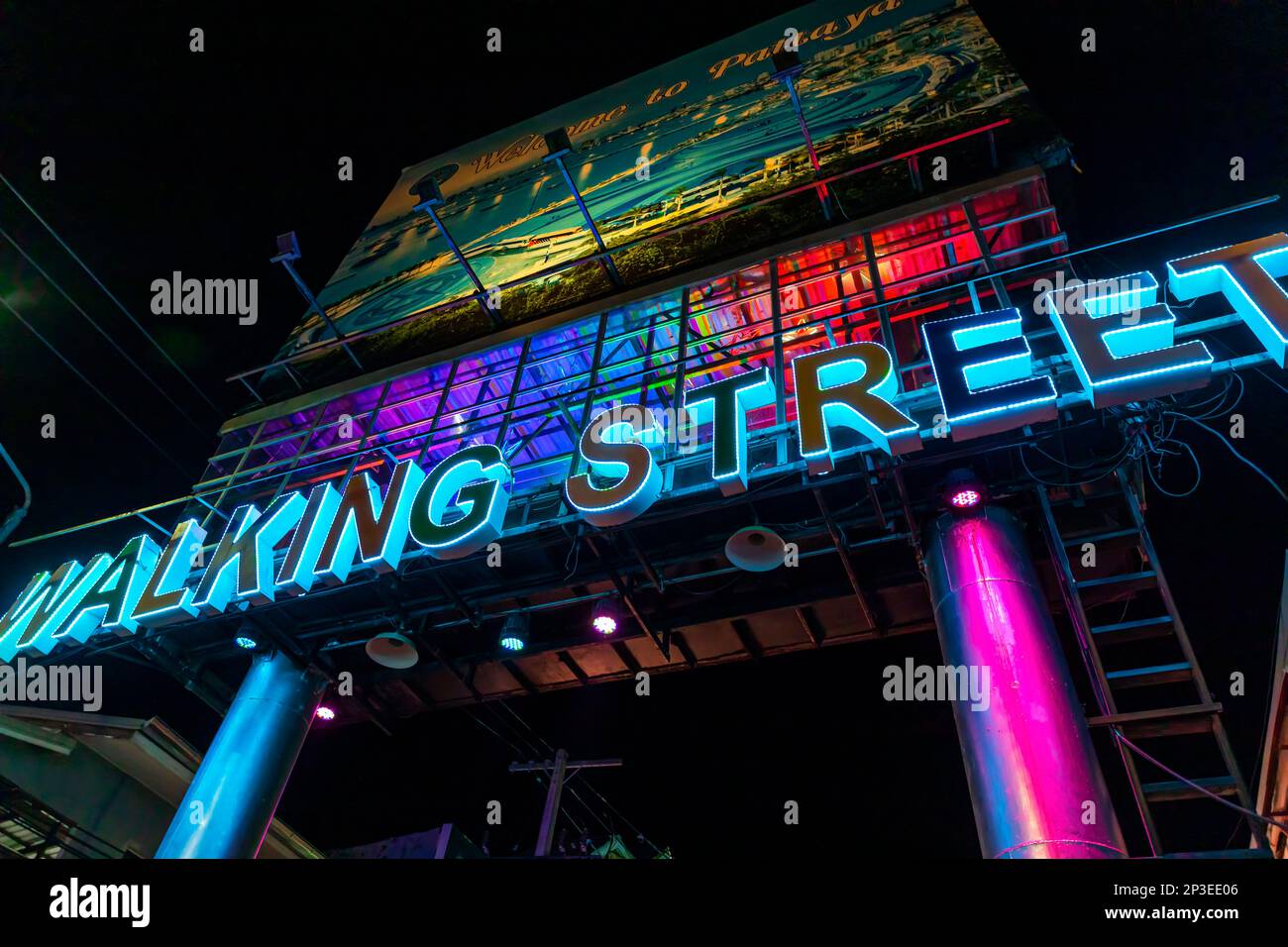 Sign at entrance to Walking Street, Pattaya, Thailand illuminated at ...