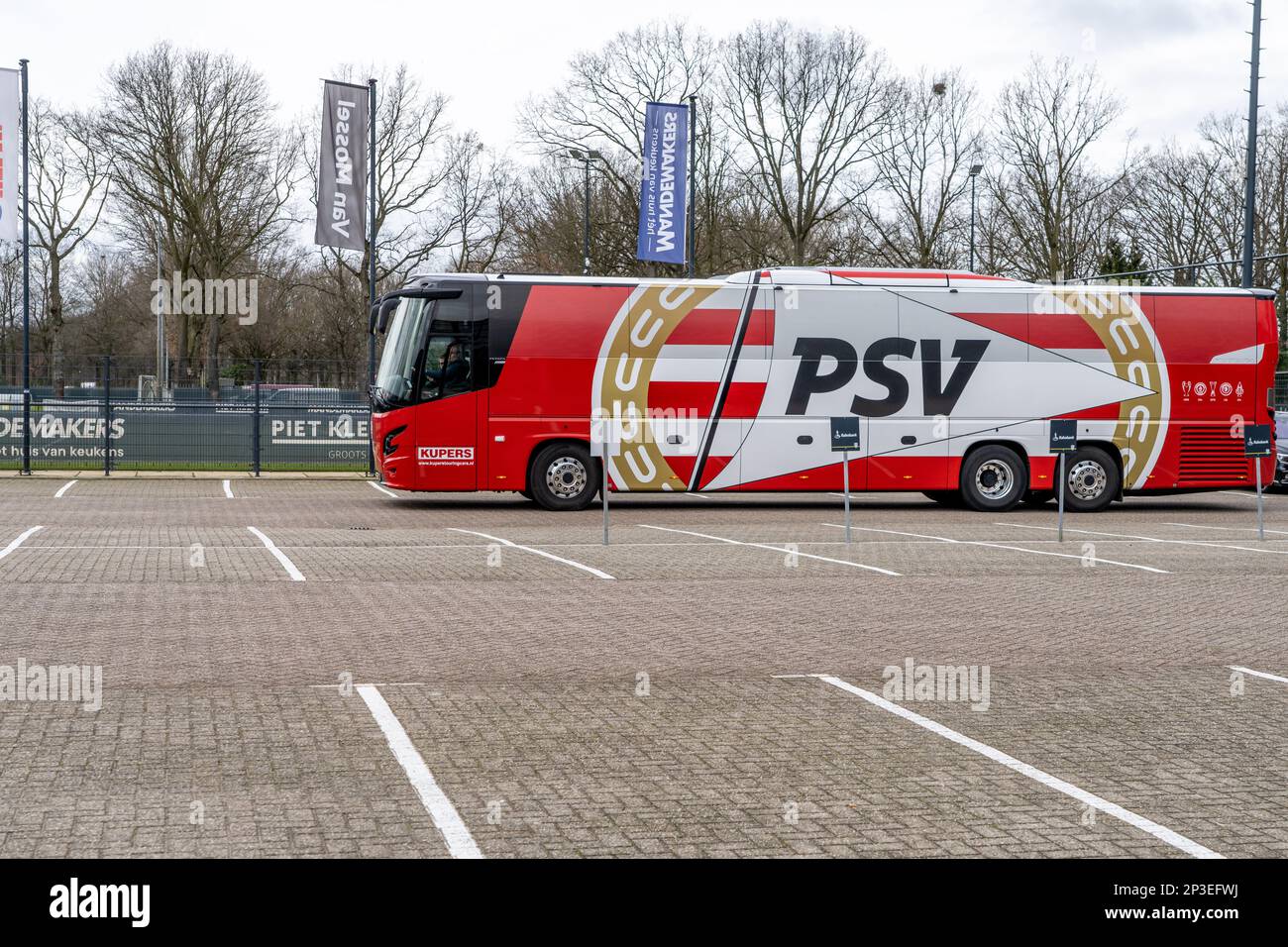 WAALWIJK, NETHERLANDS - MARCH 5: The bus of PSV arrives at th stadium ...