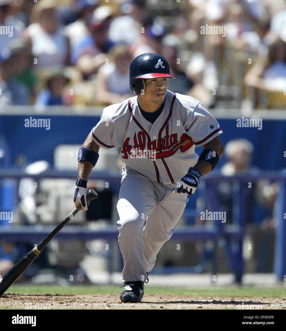 Rafael Furcal of the Atlanta Braves bats during a 2002 MLB season game ...