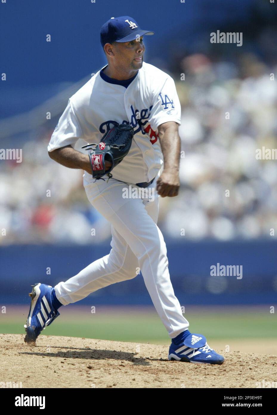 Omar Daal of the Los Angeles Dodgers pitches during a 2002 MLB season ...