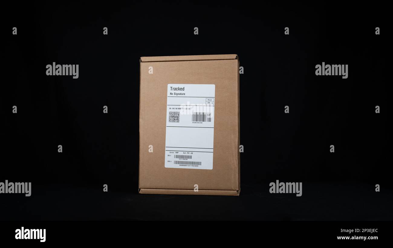 Craft cardboard package box presented vertically on stressed brushed ...