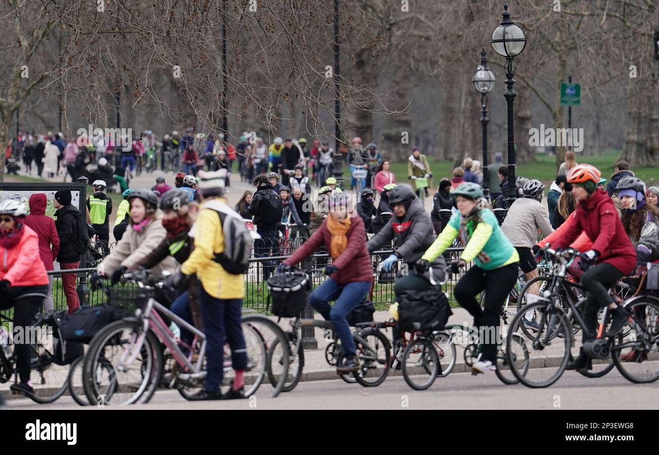 People take part in a protest, organised by the London Cycling Campaign ...
