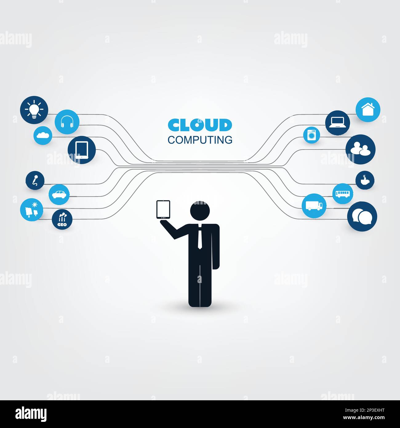 Cloud Computing Design Concept with a Standing Business Man and Icons - Digital Network ...
