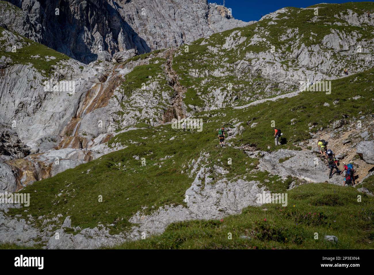 Mountain hiking trail with a view of the rocks. Zugspitze massif in the ...
