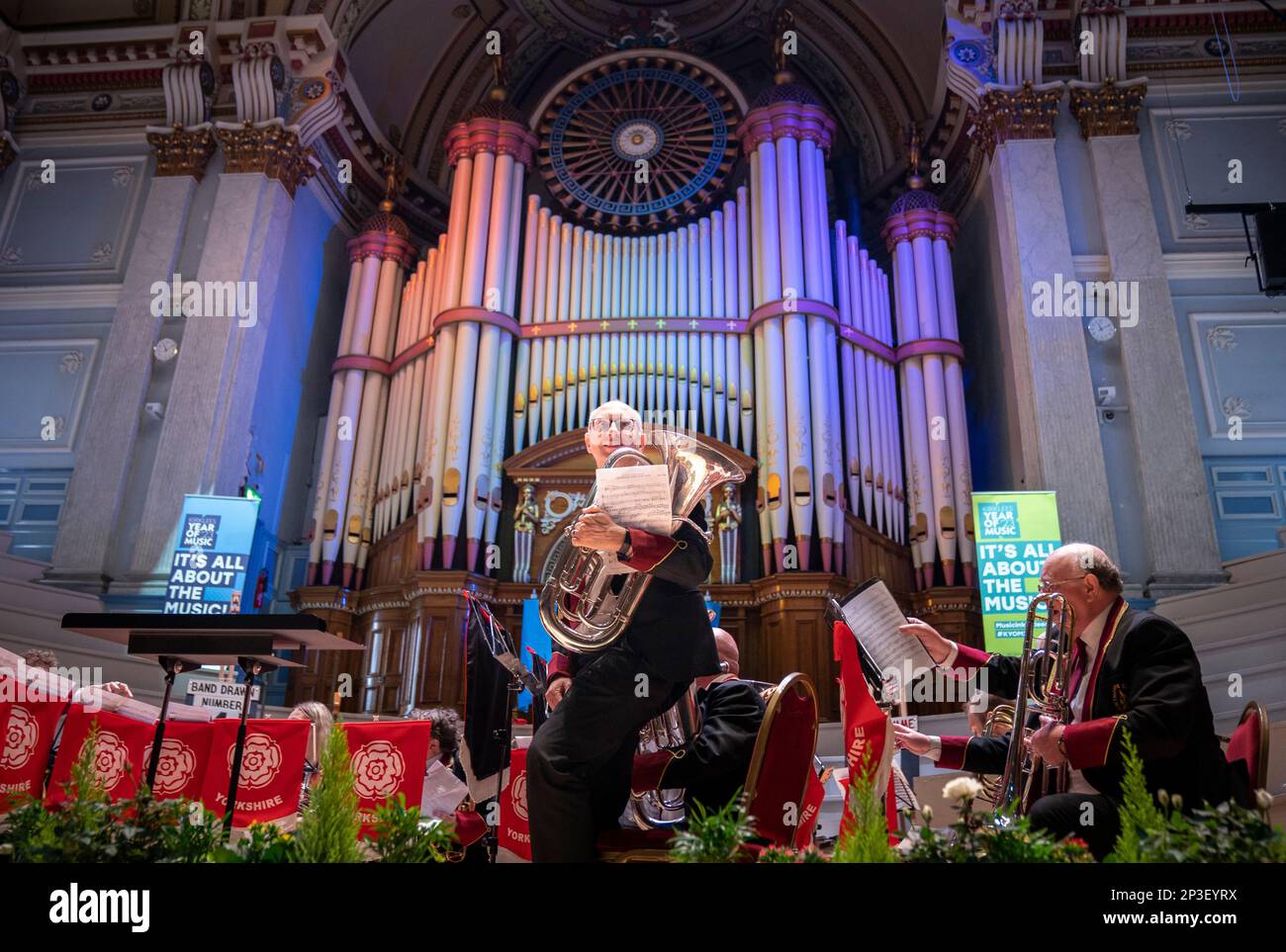 Musicians following their performance at the 2023 Yorkshire Brass Band ...