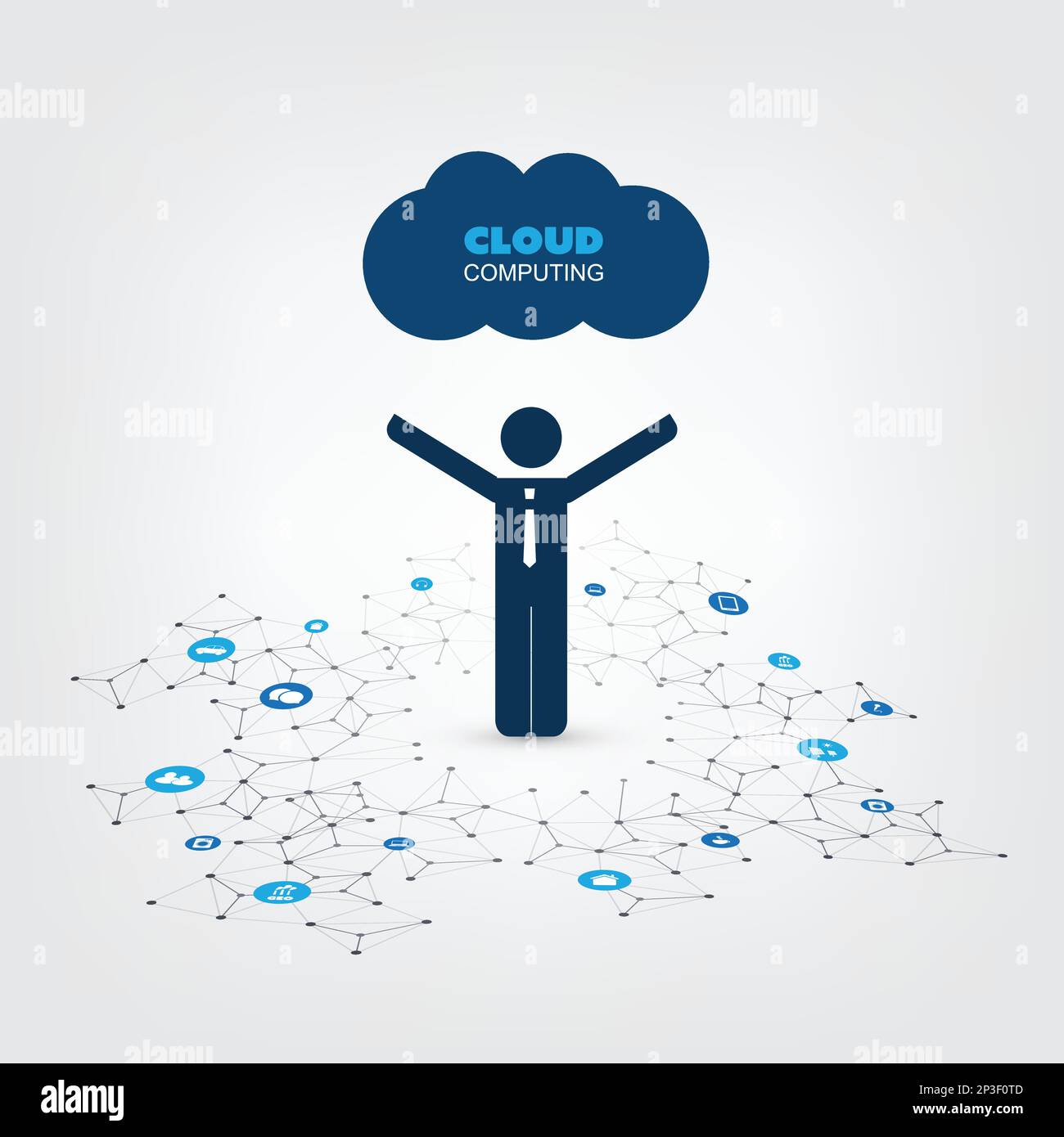 Cloud Computing Design Concept With A Standing Business Man And Icons Digital Network