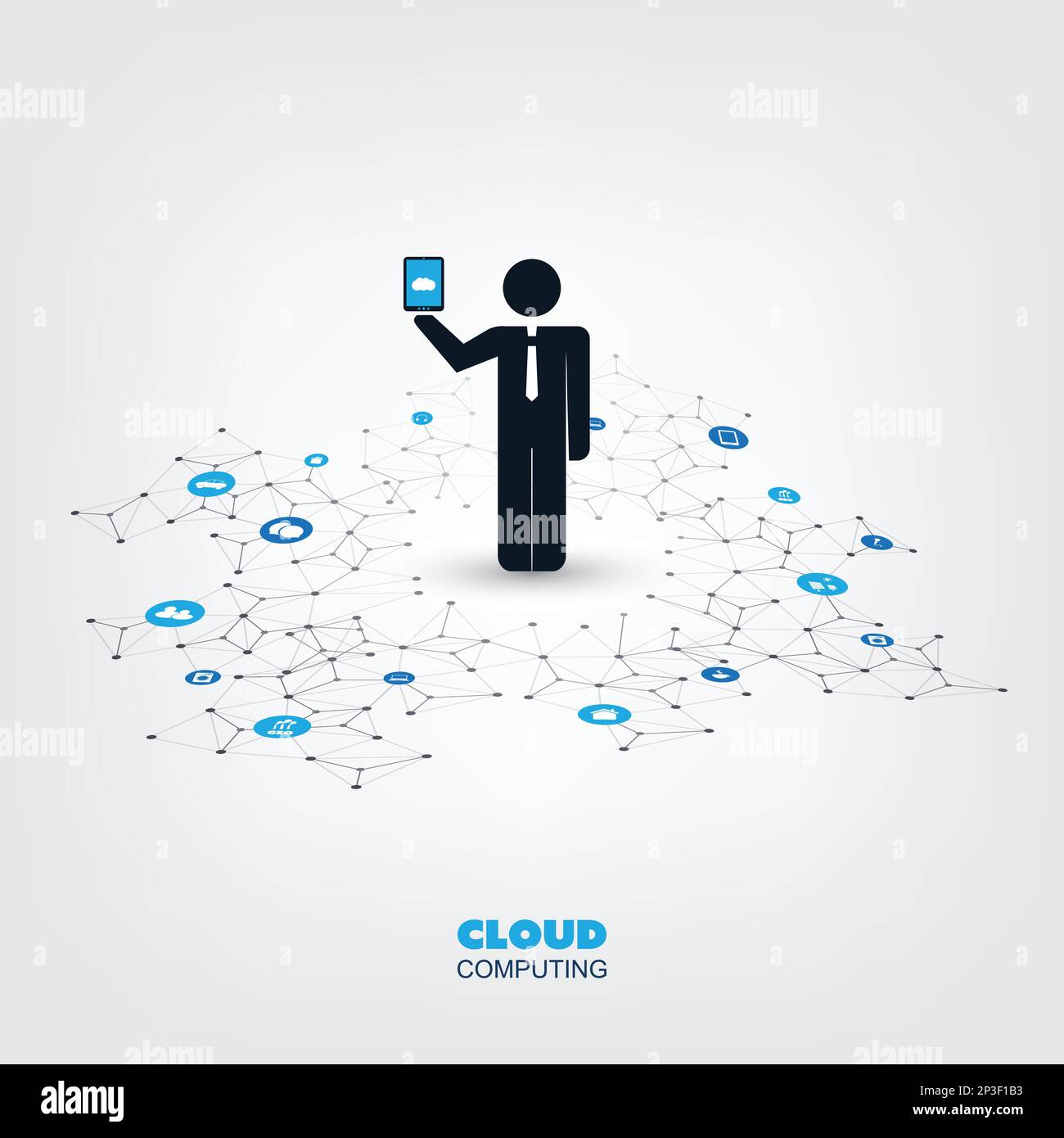 Cloud Computing Design Concept with a Standing Business Man and Icons - Digital Network ...