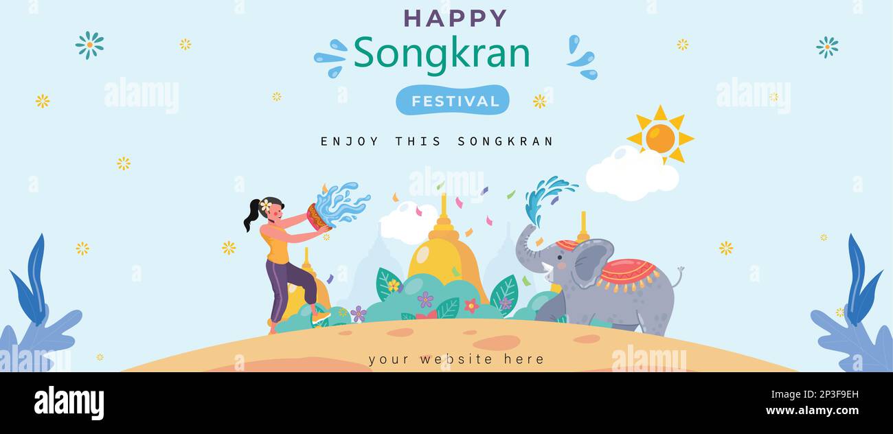 Songkran Thailand festival horizontal banner with water bowl, splashing ...