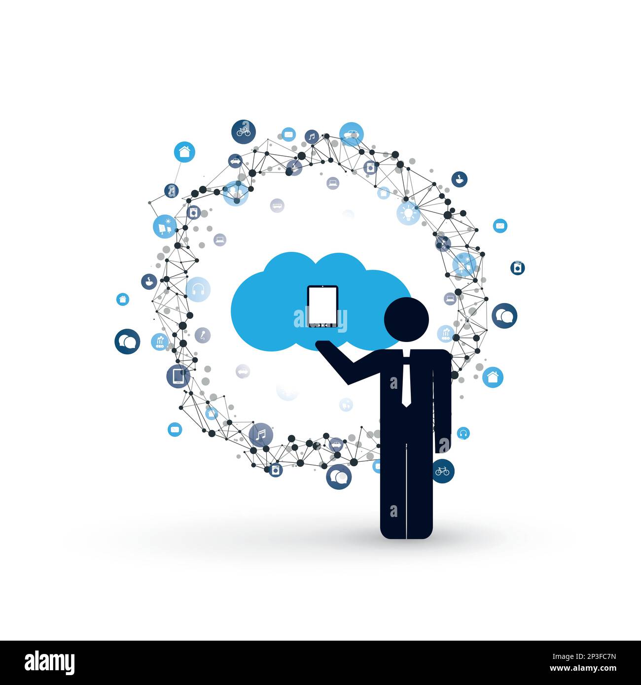 Cloud computing and internet of things design concept with a standing business man and icons ...
