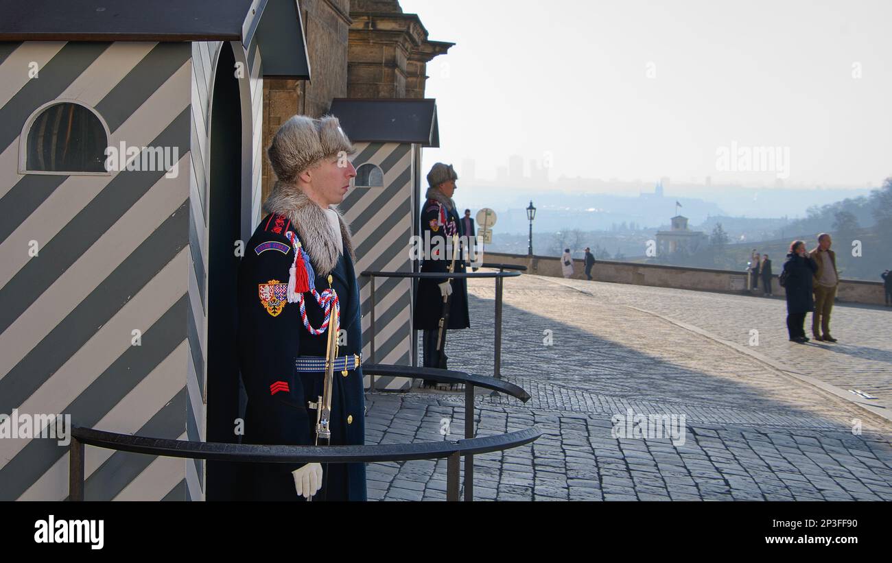 Hradcanske namesti in Prague on March 1, 2023. View of the castle guard ...