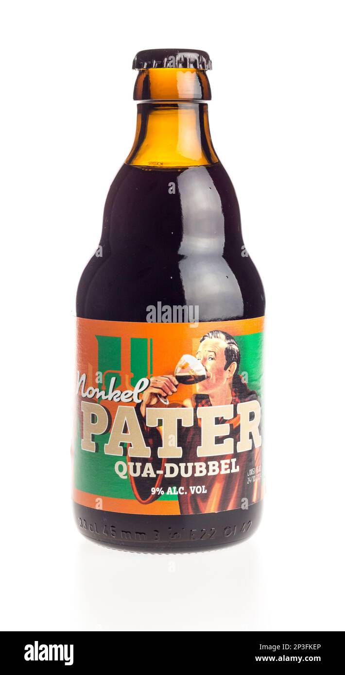 Bottle of belgian Nonkel Pater Qua-Dubbel beer isolated on a white ...