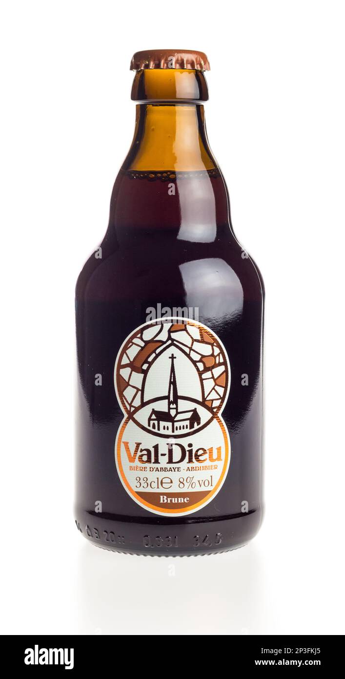 Bottle of belgian Val Dieu Brune beer isolated on a white background ...