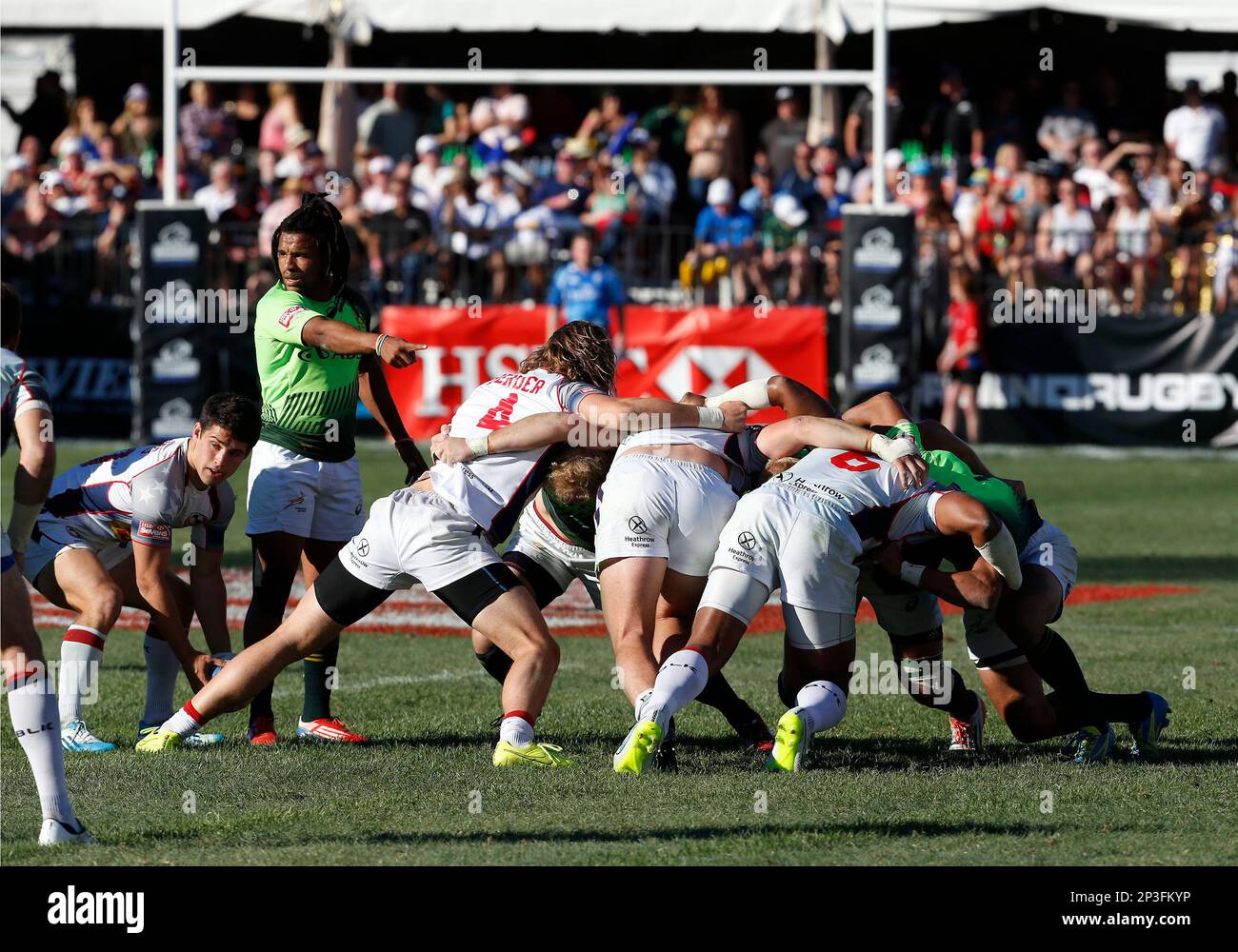 15 February 2015: A rugby scrum during the USA Sevens Rugby tournament ...