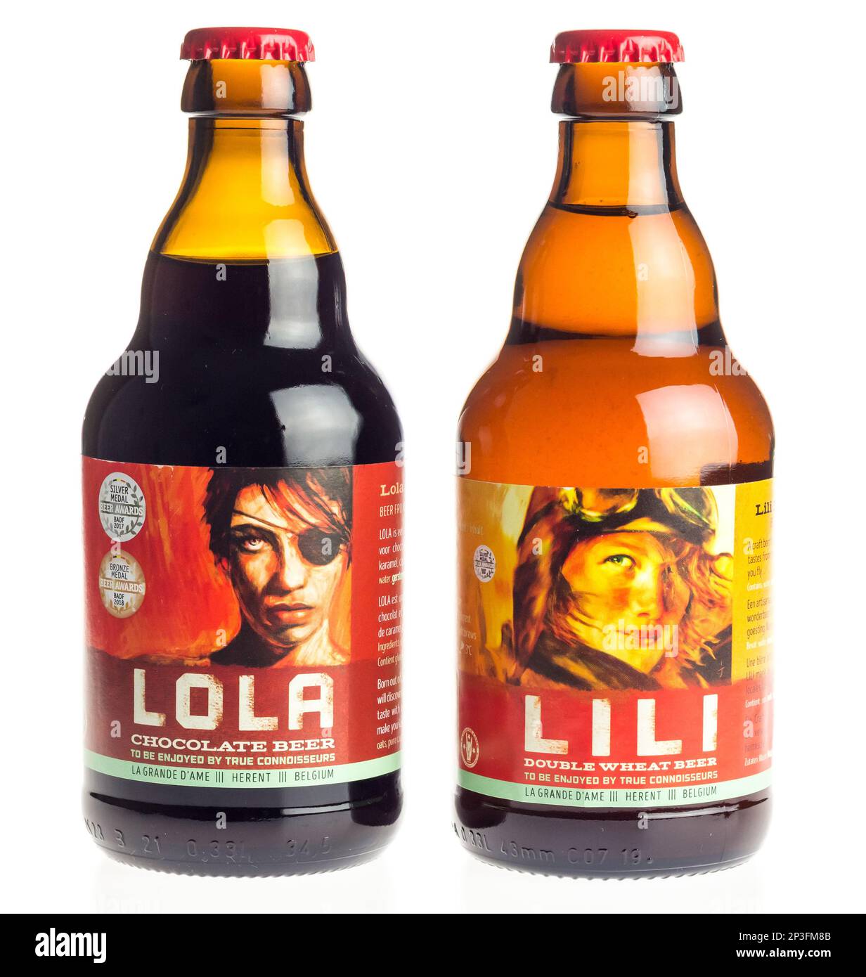 Bottles of belgian Lola and Lili craft beer isolated on a white ...
