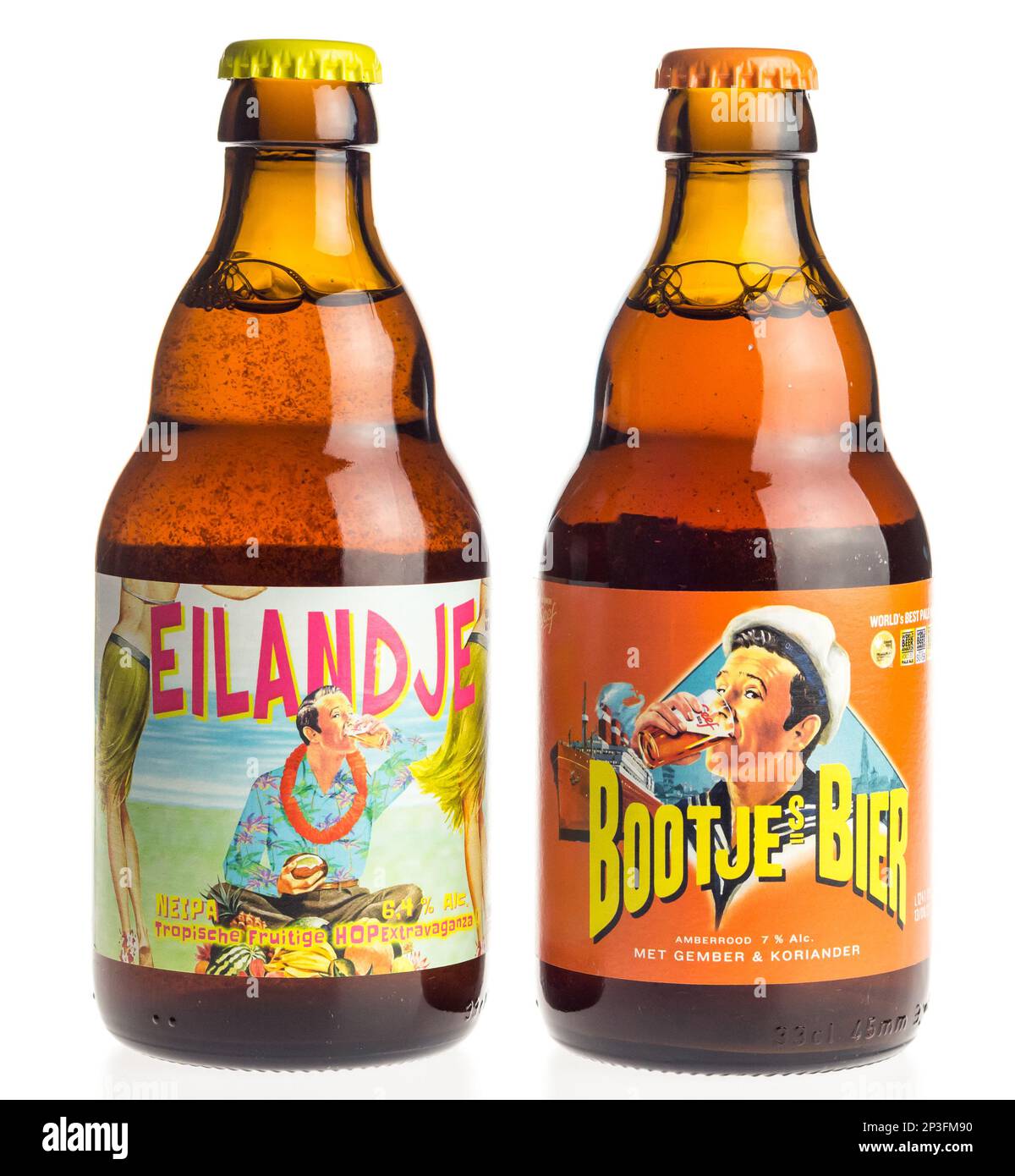 Bottles of belgian Eilandje and Bootje craft beer isolated on a white ...