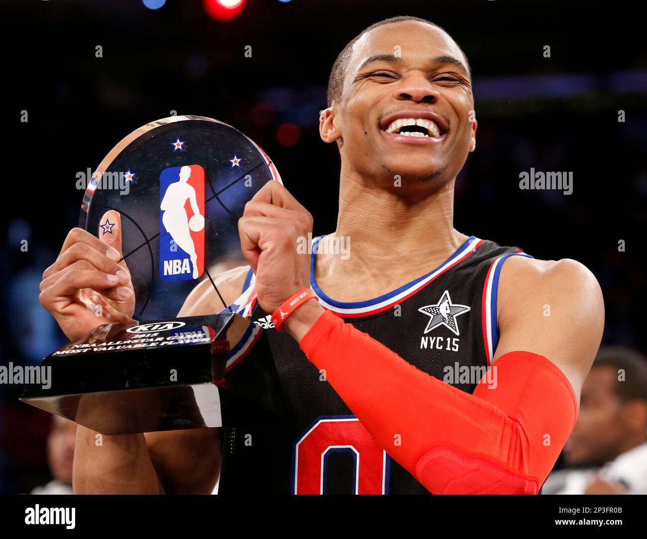 West Team’s Russell Westbrook, of the Oklahoma City Thunder, holds the ...