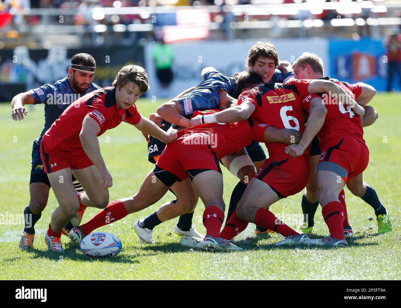 14 February 2015: A rugby scrum during the USA Sevens Rugby tournament ...