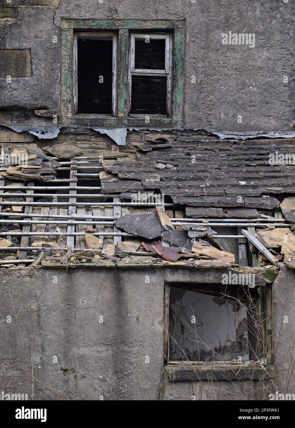 The broken roof & windows of Lower Intake Farm, Marsden, West Yorkshire ...