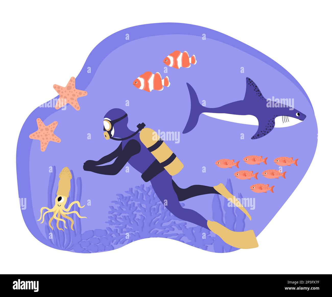 Vector ocean illustration with diver, shark, clown fish, starfish ...
