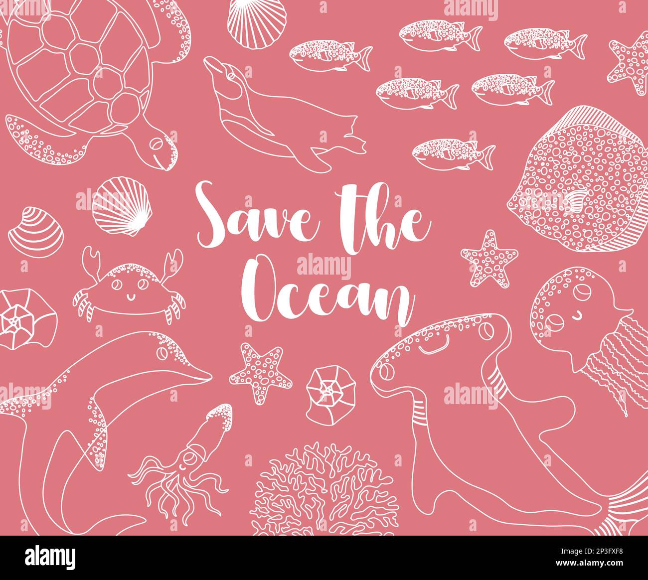 Vector ocean illustration with hammer fish,ellyfish,devil fish,penguin ...