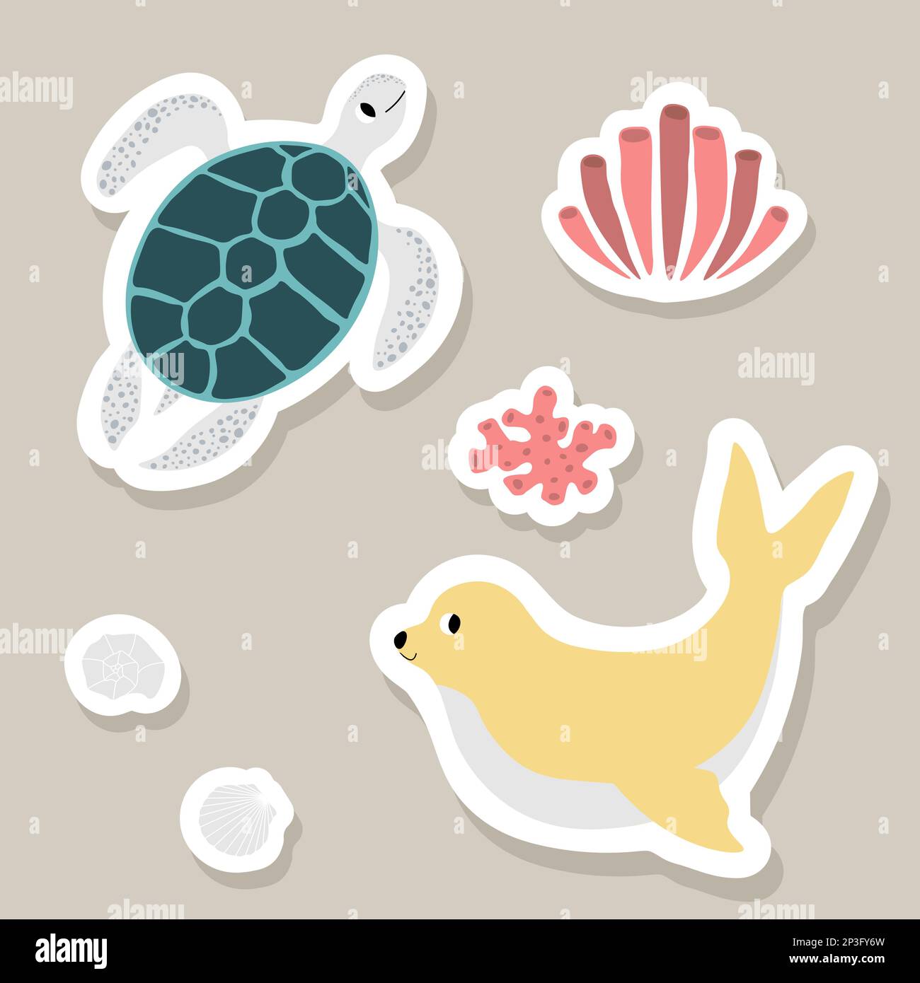 Cute vector stickers set with turtle, seal, algae, corals, shells ...