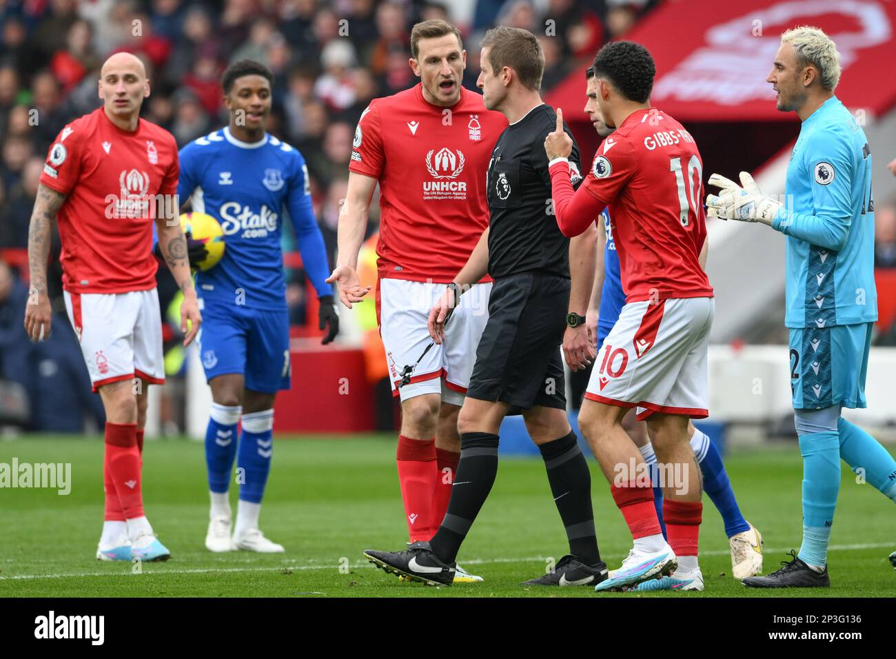 Chris Wood #39 of Nottingham Forest appeals to referee John Brooks ...