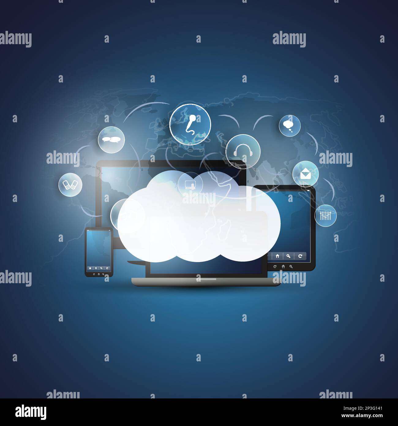 Cloud Computing Design Concept with Electronic Devices, World Map and ...
