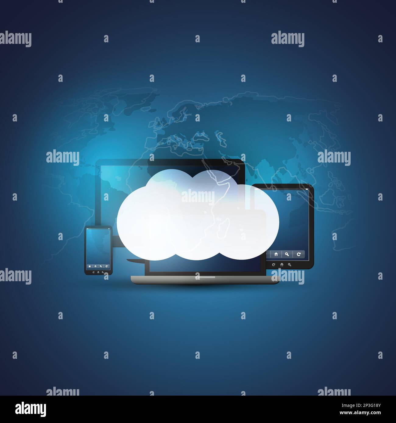 Cloud Computing Design Concept With Mobile Electronic Devices And World Map Digital Network