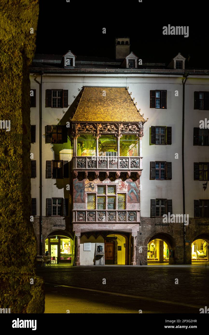 The famous Goldenes Dachl, Golden Roof, in the old town square of the ...