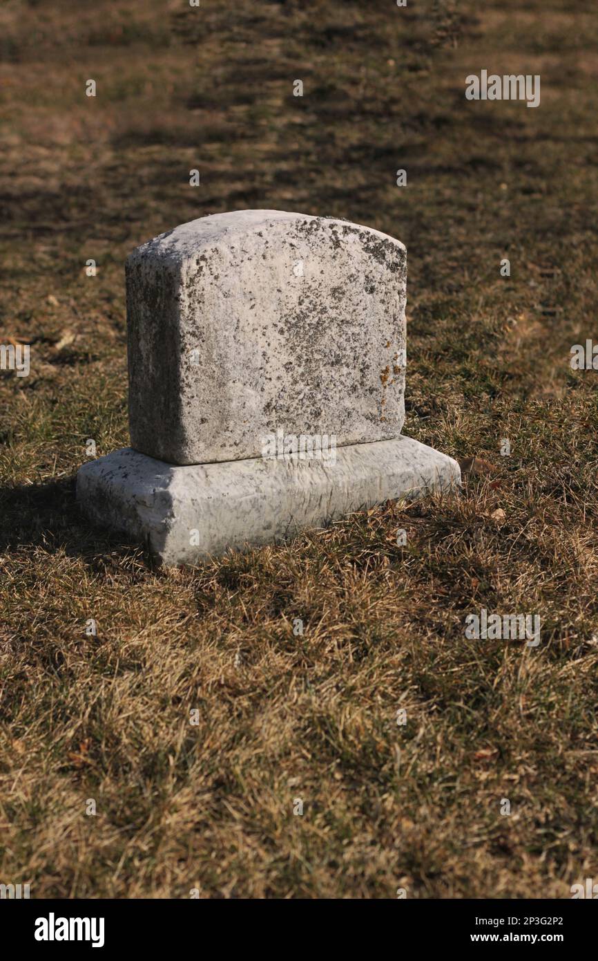 A single worn and weathered natural stone tombstone with a blank ...